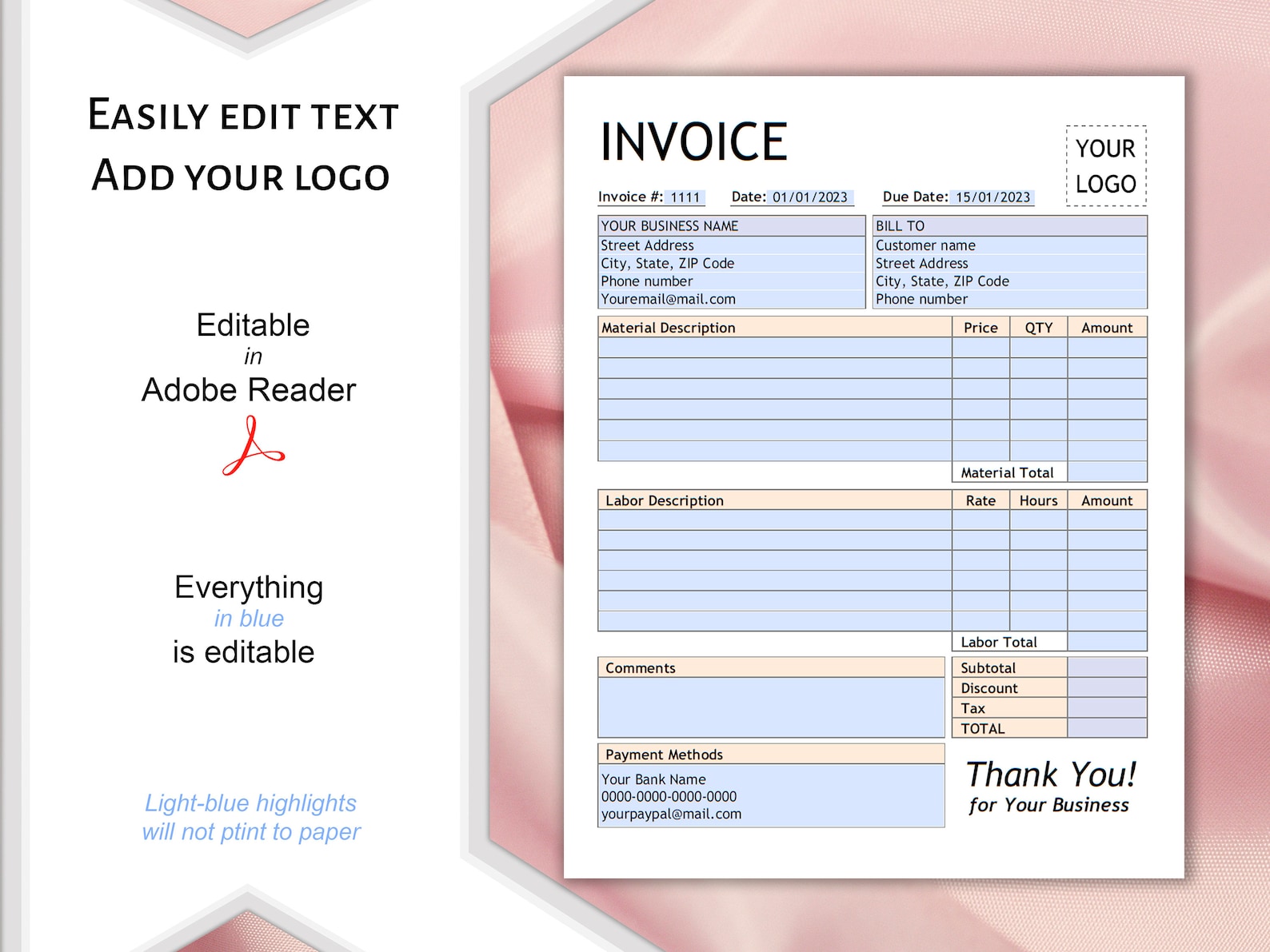 PDF Invoice Template for Adobe Acrobat Reader; Fillable PDF Form With ...