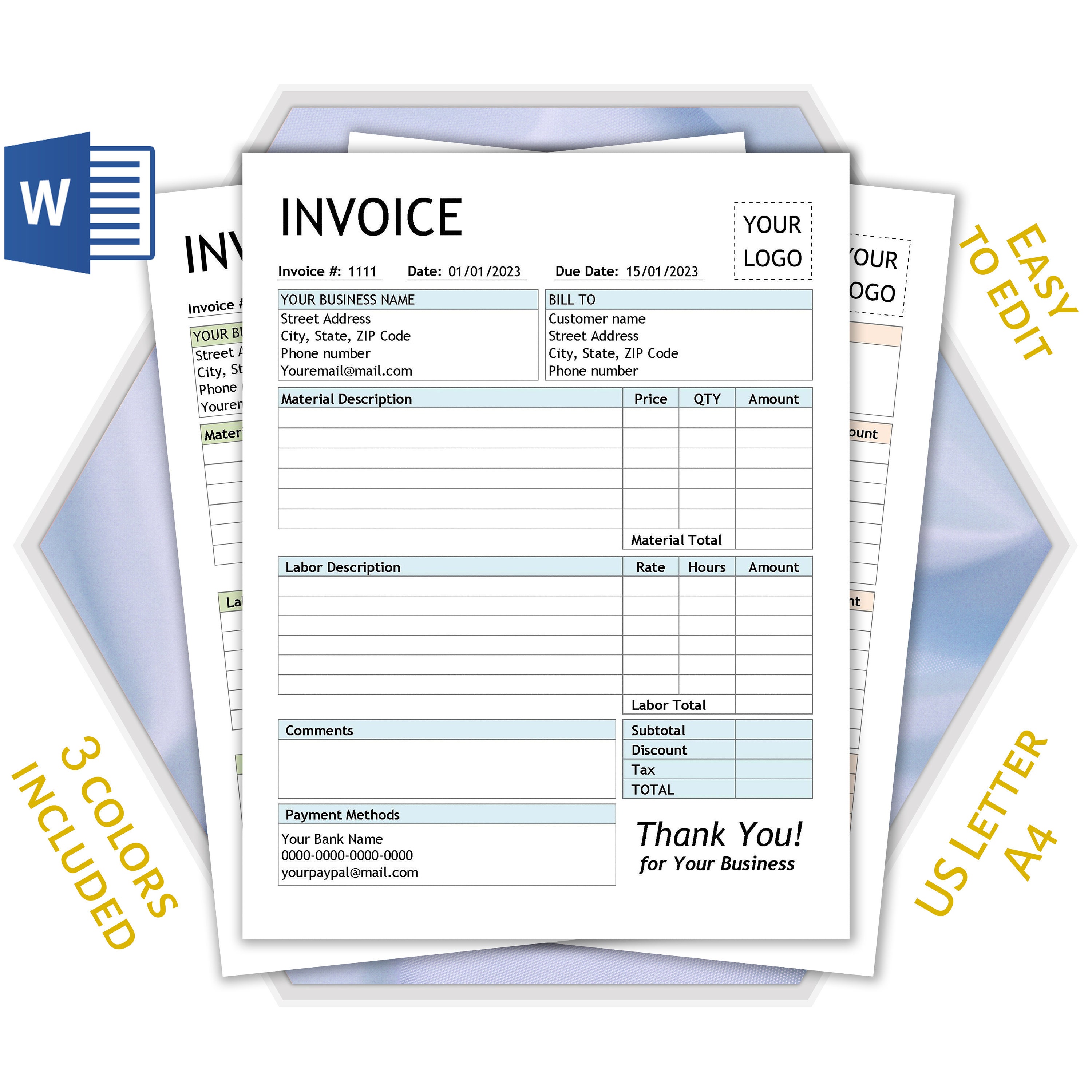 Colored Digital Invoice MS Word DOCX Editable Billing Form Instant ...
