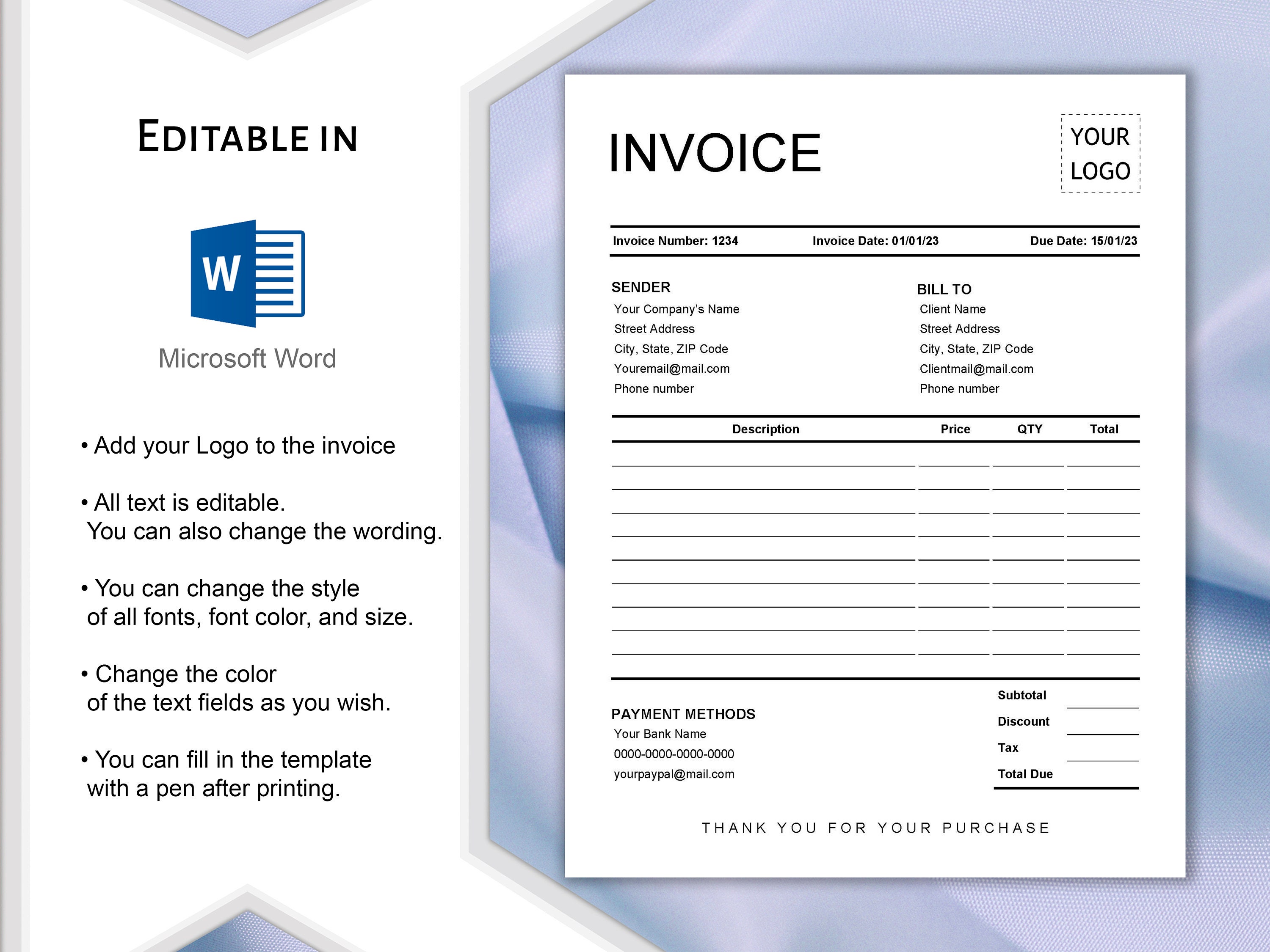 Fully Editable Microsoft Word Invoice Template; Printable Fillable ...
