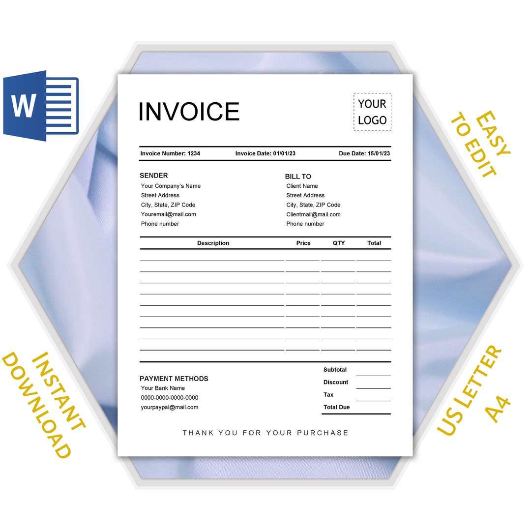 Fully Editable Microsoft Word Invoice Template; Printable Fillable ...