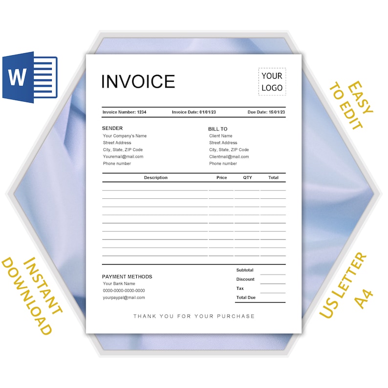 Fully Editable Microsoft Word Invoice Template; Printable Fillable ...