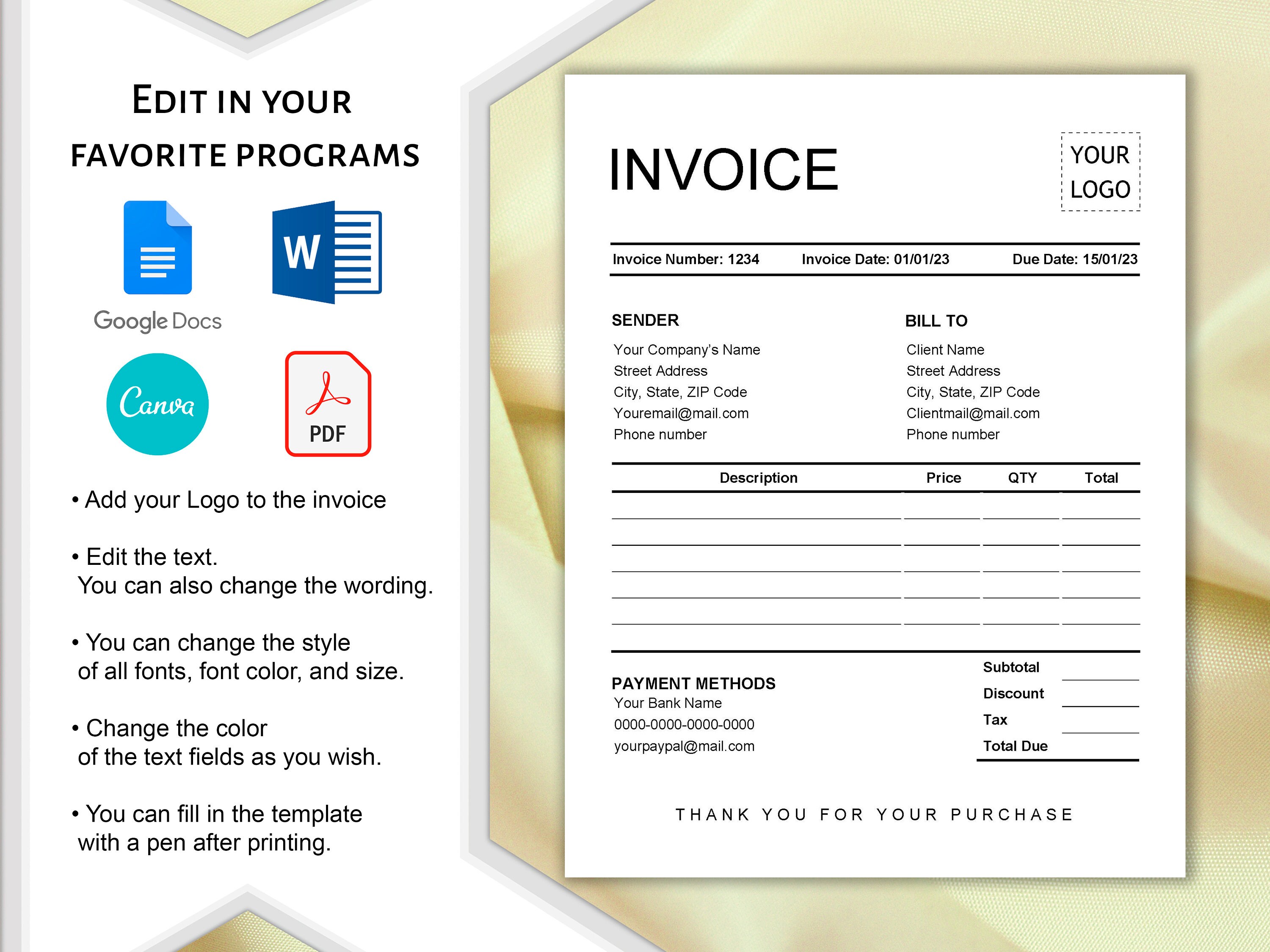 Minimalistic Invoice Bundle for Word Canva Google Docs PDF Adobe Reader ...