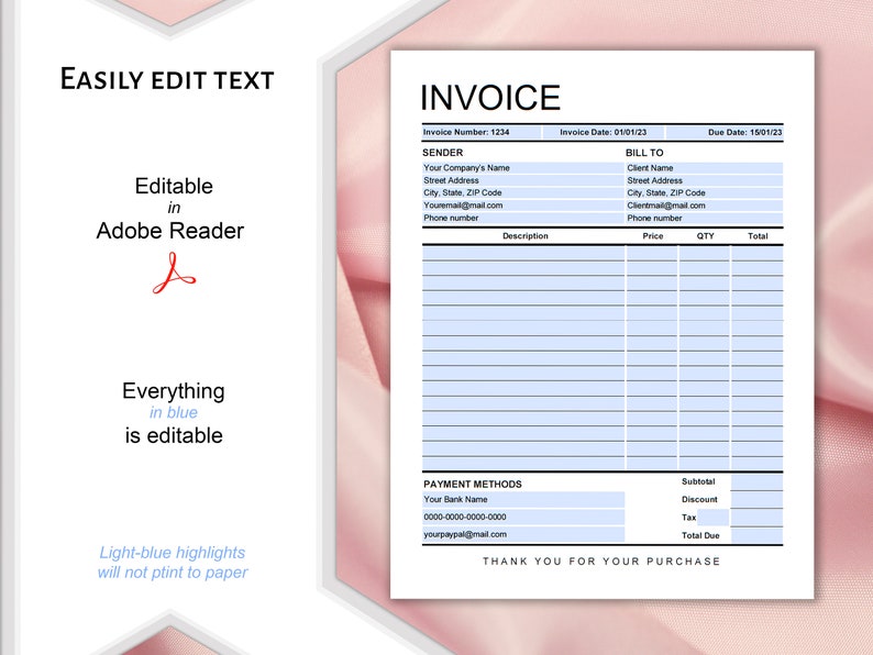 PDF Invoice Template for 15 Lines; Big Digital Business Receipt ...