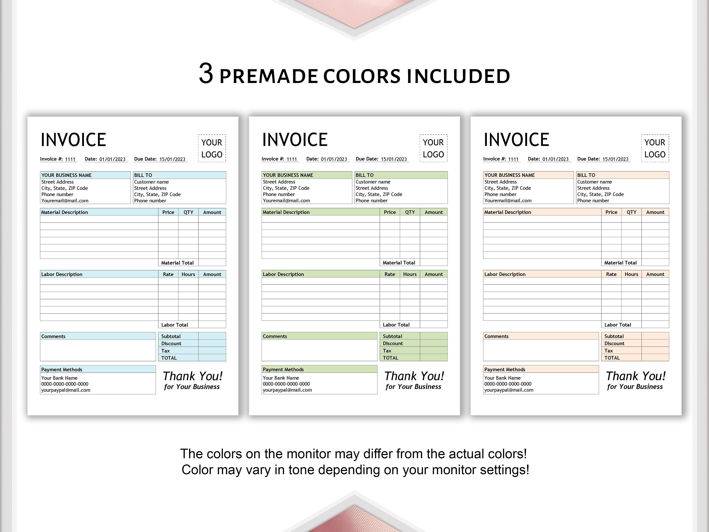 Colored Digital Invoice MS Word; DOCX Editable Billing Form; Instant ...