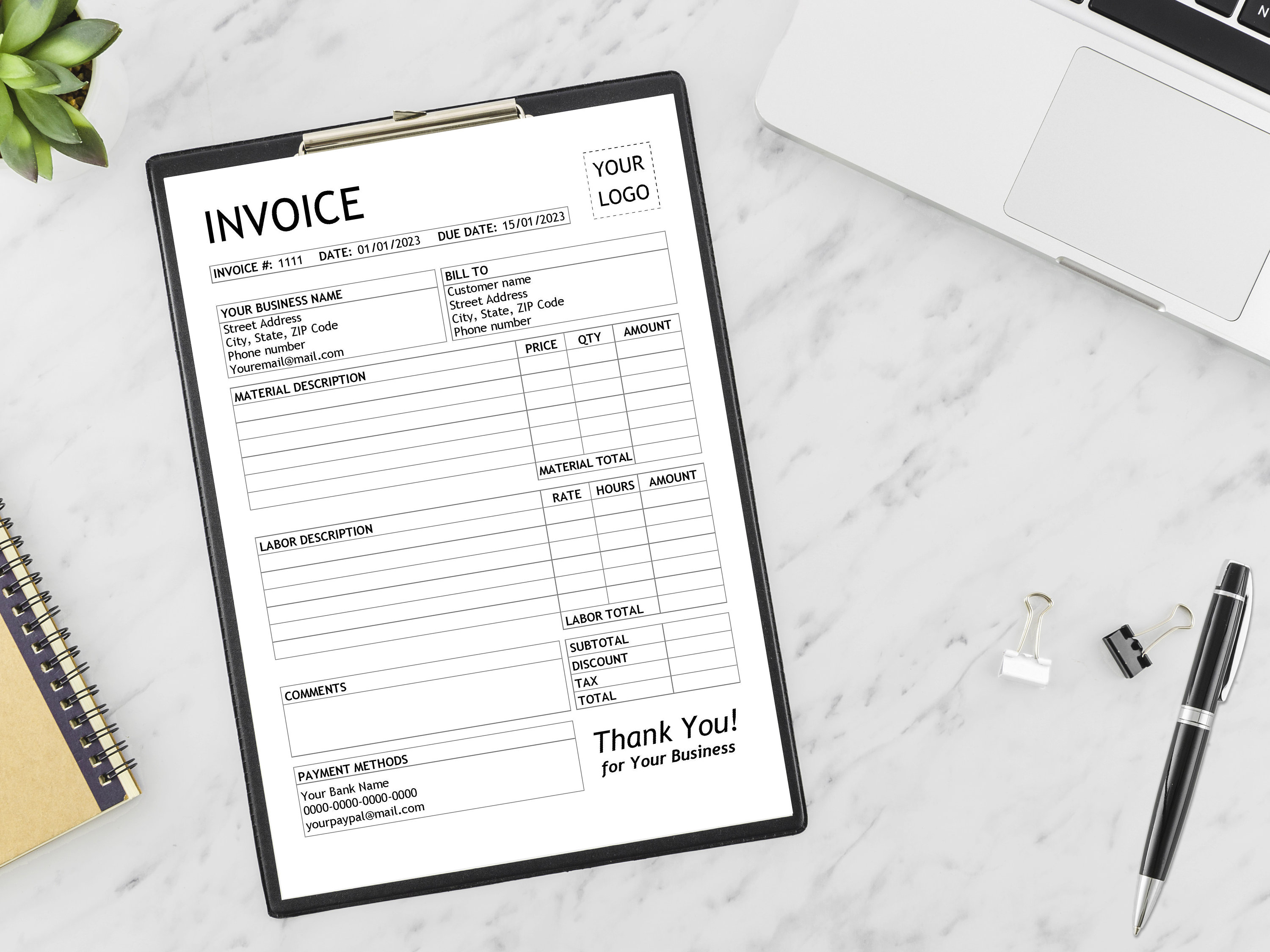 Editable PDF Service Invoice With Material and Labor Description ...