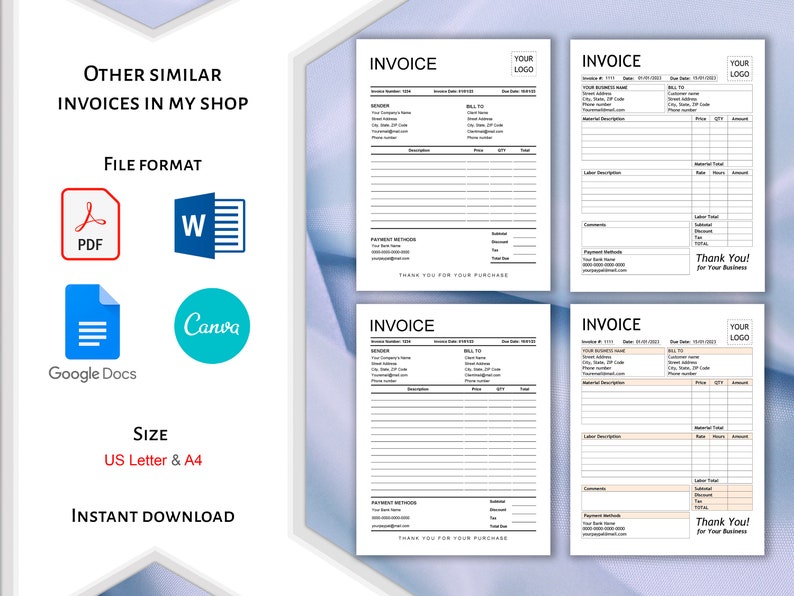 Minimalistic Invoice Bundle for Word Canva Google Docs PDF Adobe Reader ...