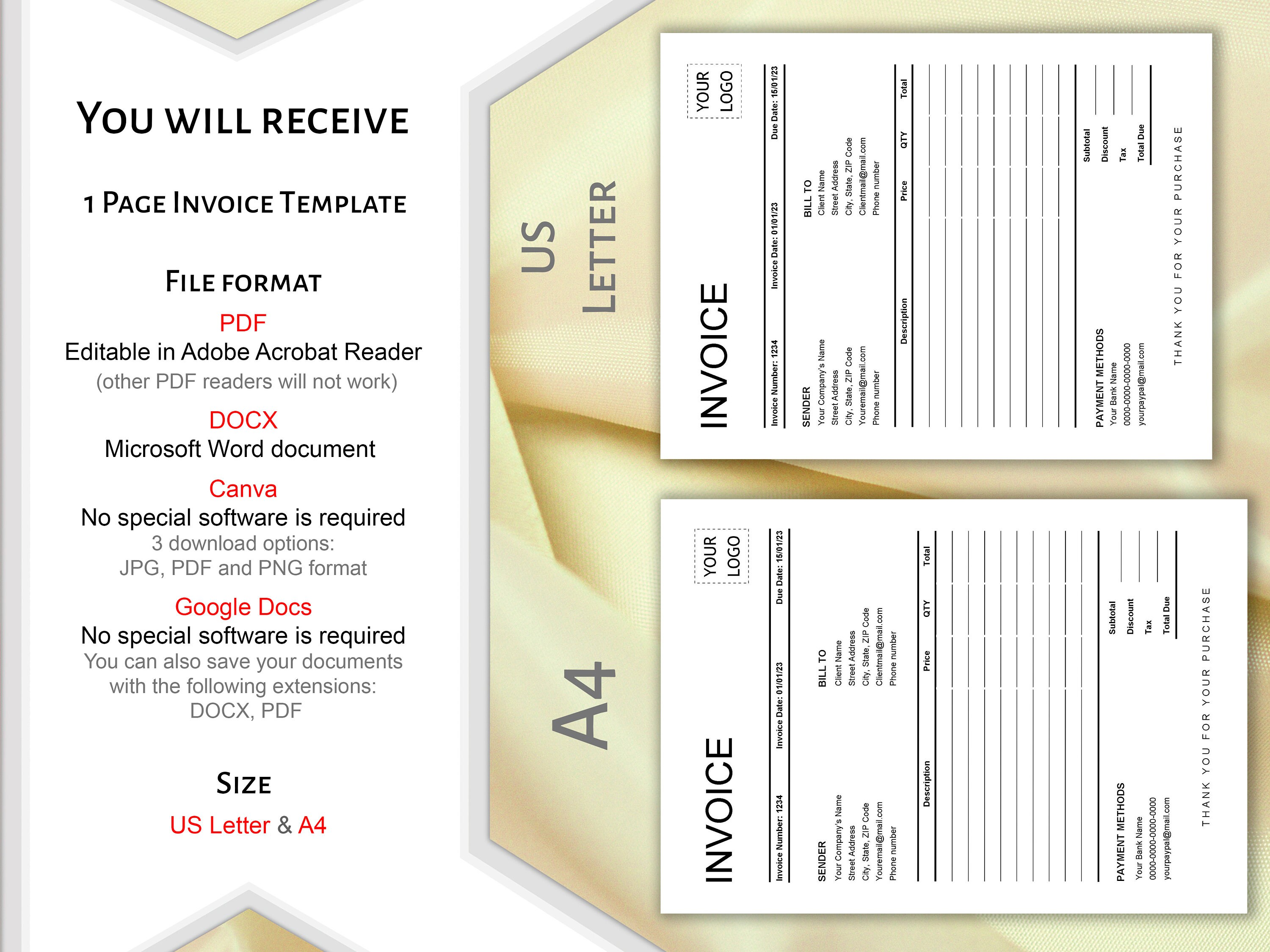 Invoice Template Bundle for Word Canva Google Docs PDF Adobe Acrobat ...