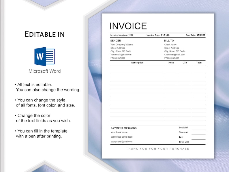 Invoice Template Word DOCX for 15 Lines; Editable and Printable ...