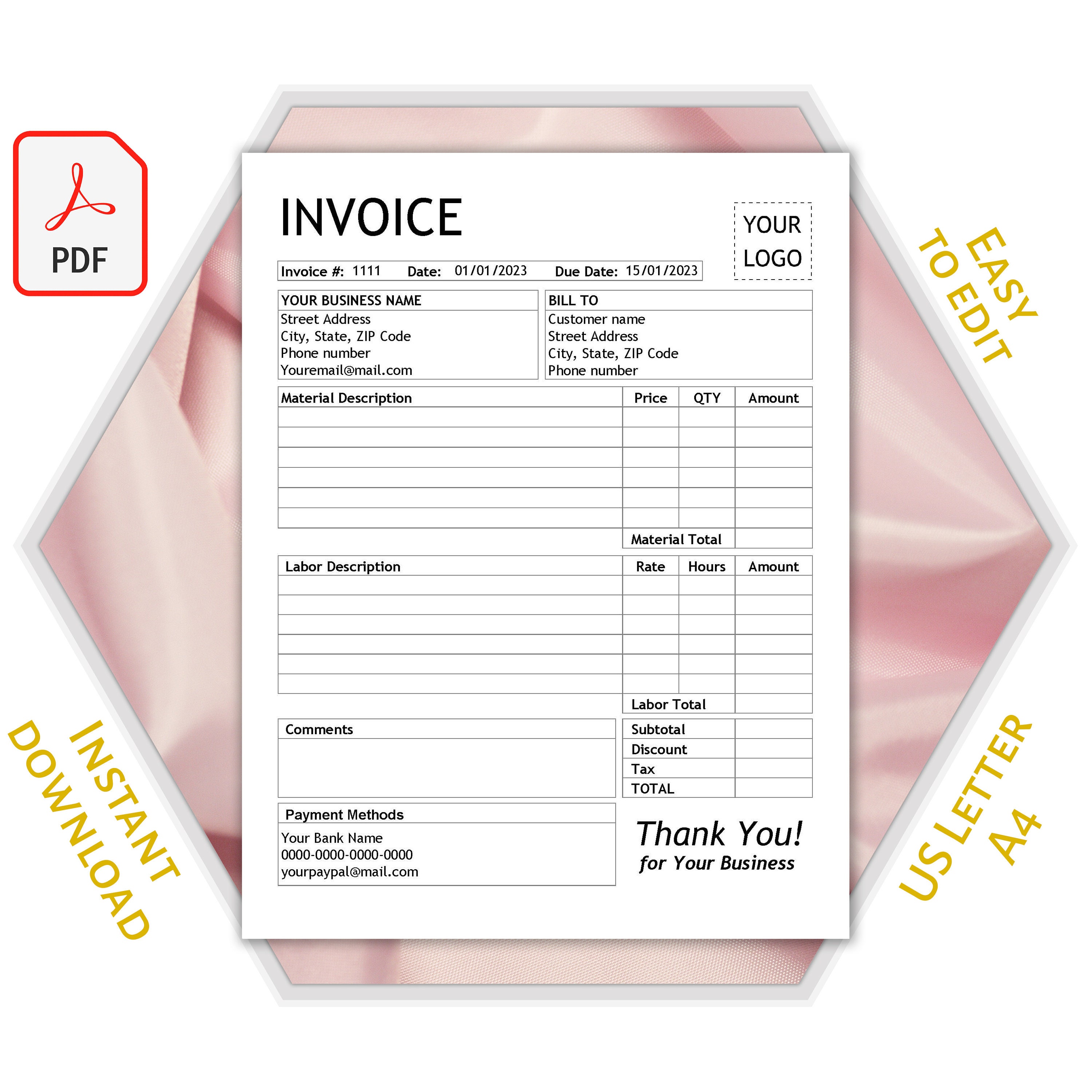Editable PDF Service Invoice With Material and Labor Description ...