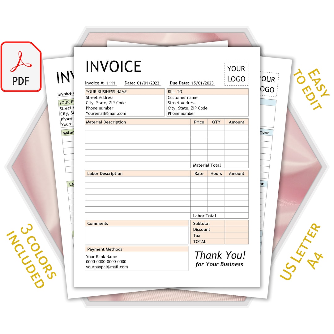 PDF Invoice Template for Adobe Acrobat Reader; Fillable PDF Form With ...