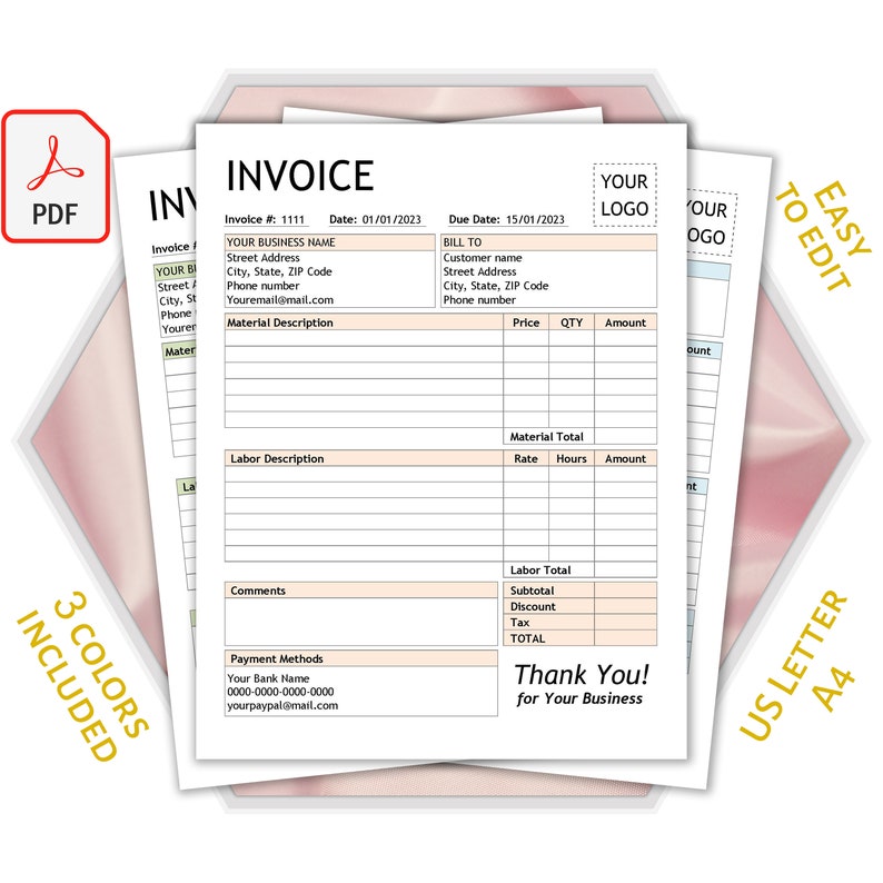PDF Invoice Template for Adobe Acrobat Reader; Fillable PDF Form With ...