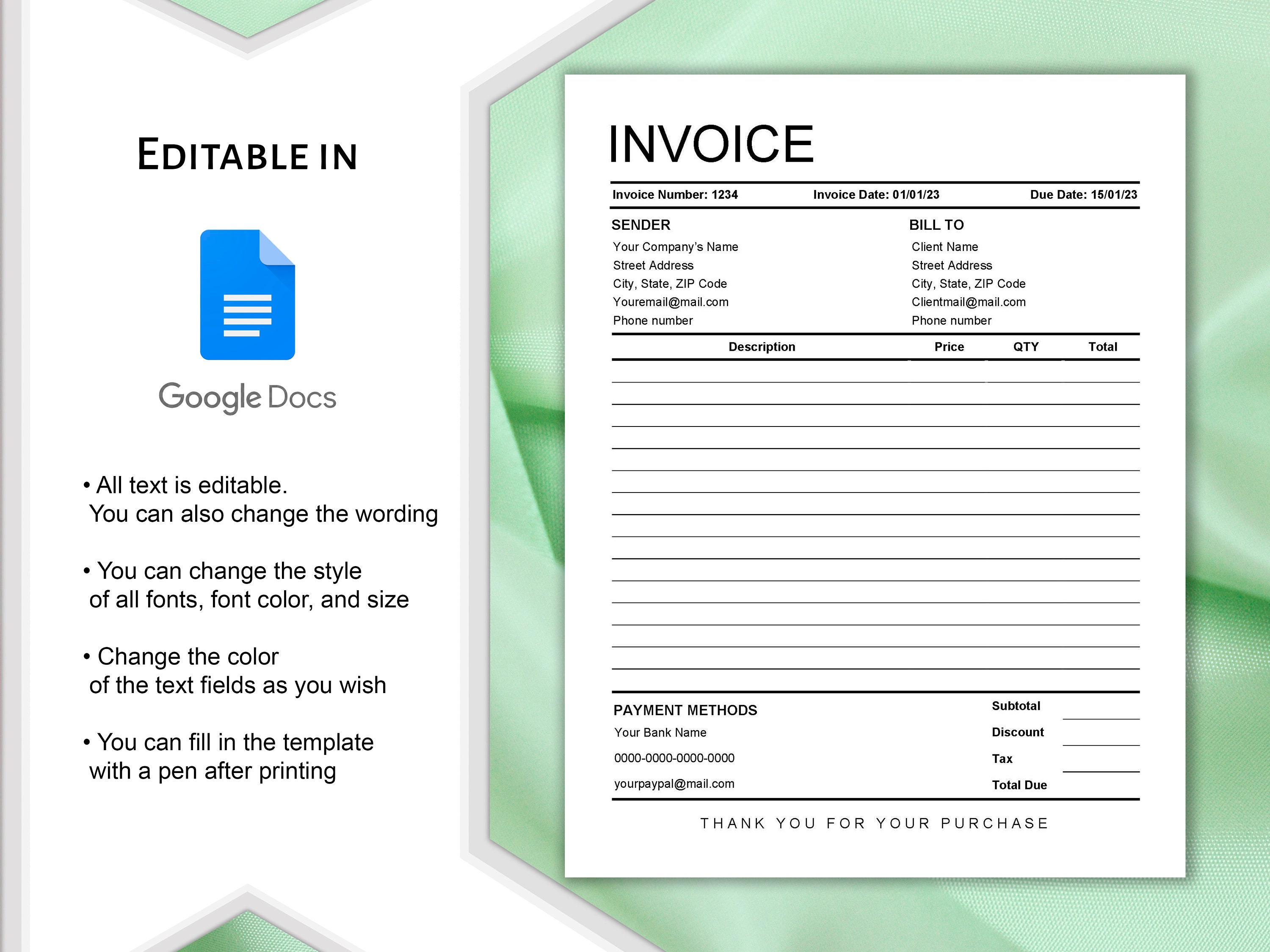 Google Docs Invoice Template for 15 Lines; Professional Bill Form for ...