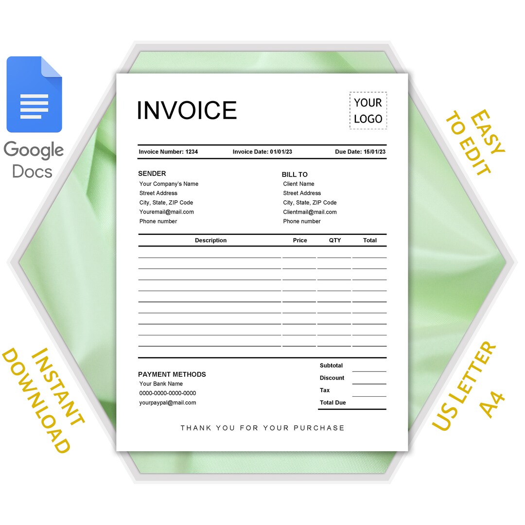 Minimalist Invoice Template Google Docs; Professional Digital Billing ...