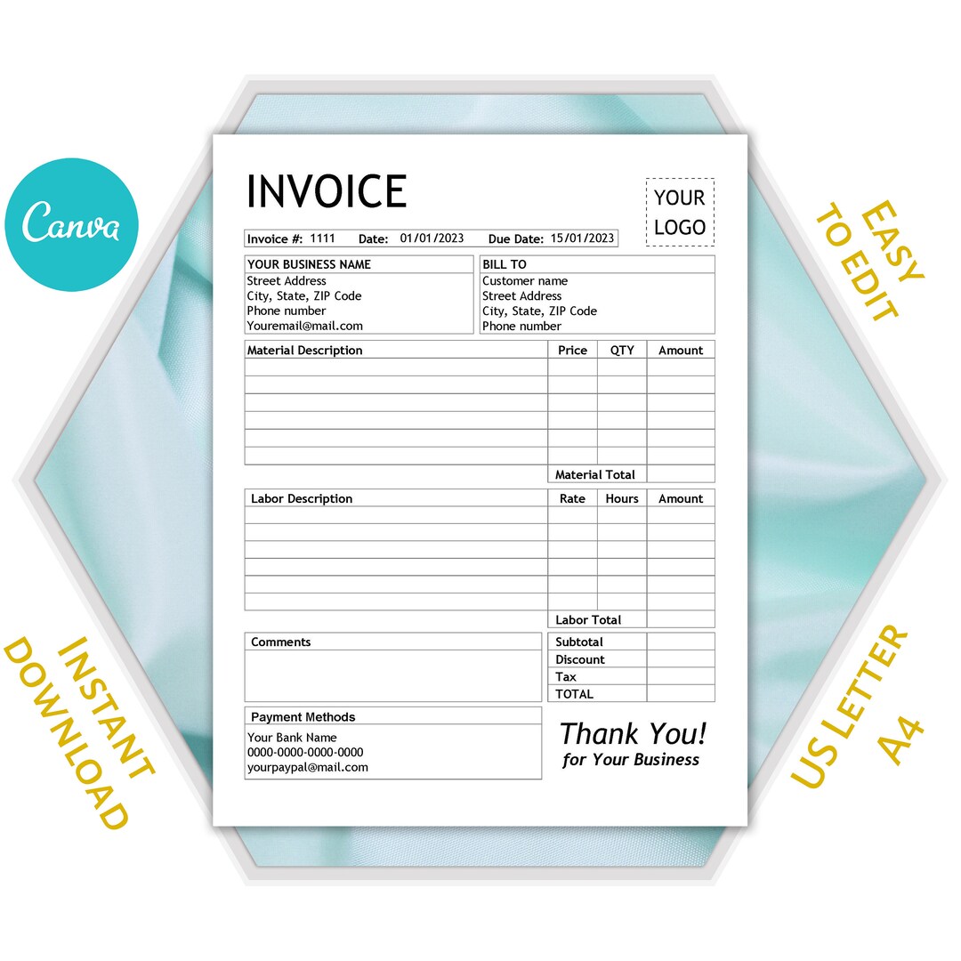 Professional Canva Invoice With Logotype; Detailed Service Invoice ...