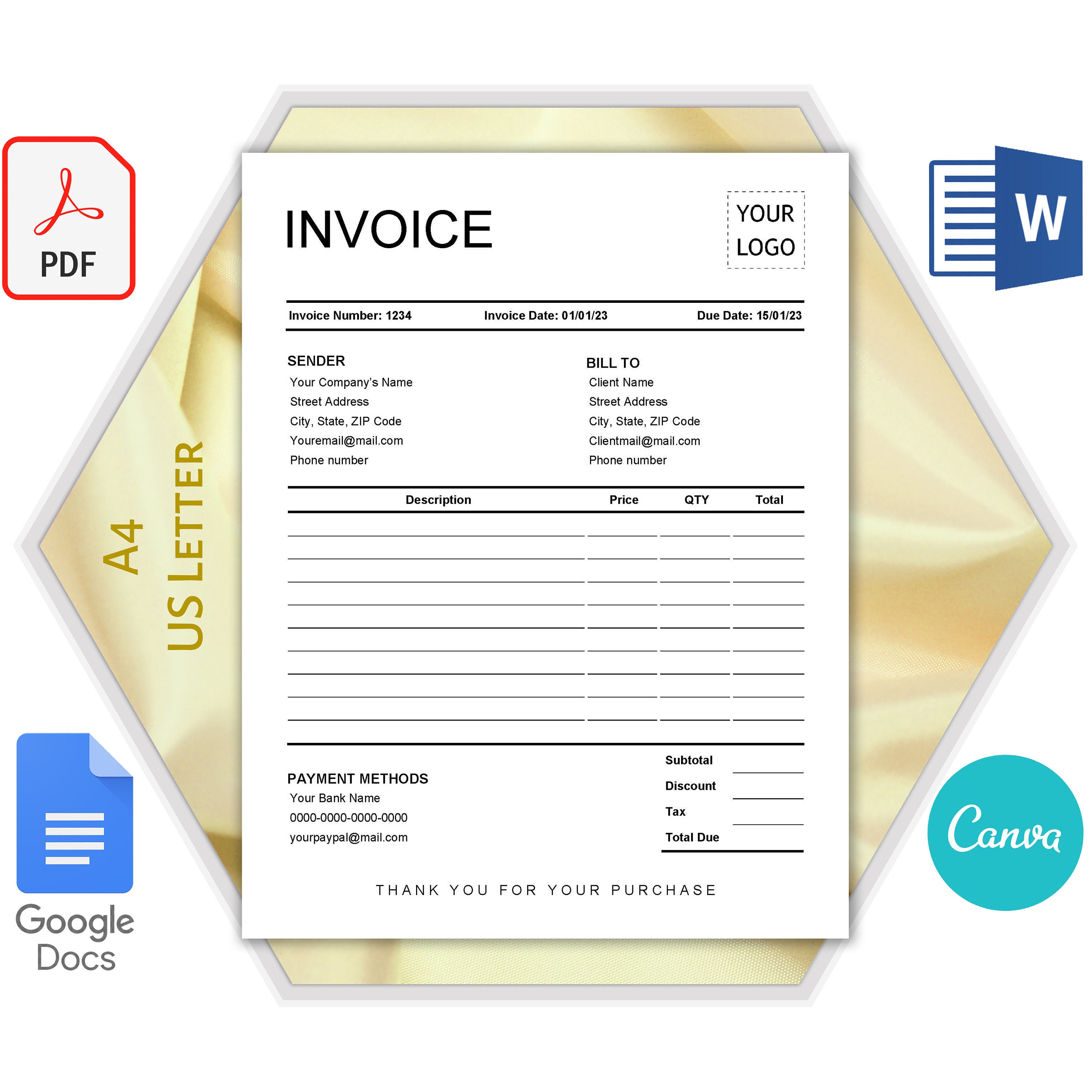 Invoice Template Bundle for Word Canva Google Docs PDF Adobe Acrobat ...