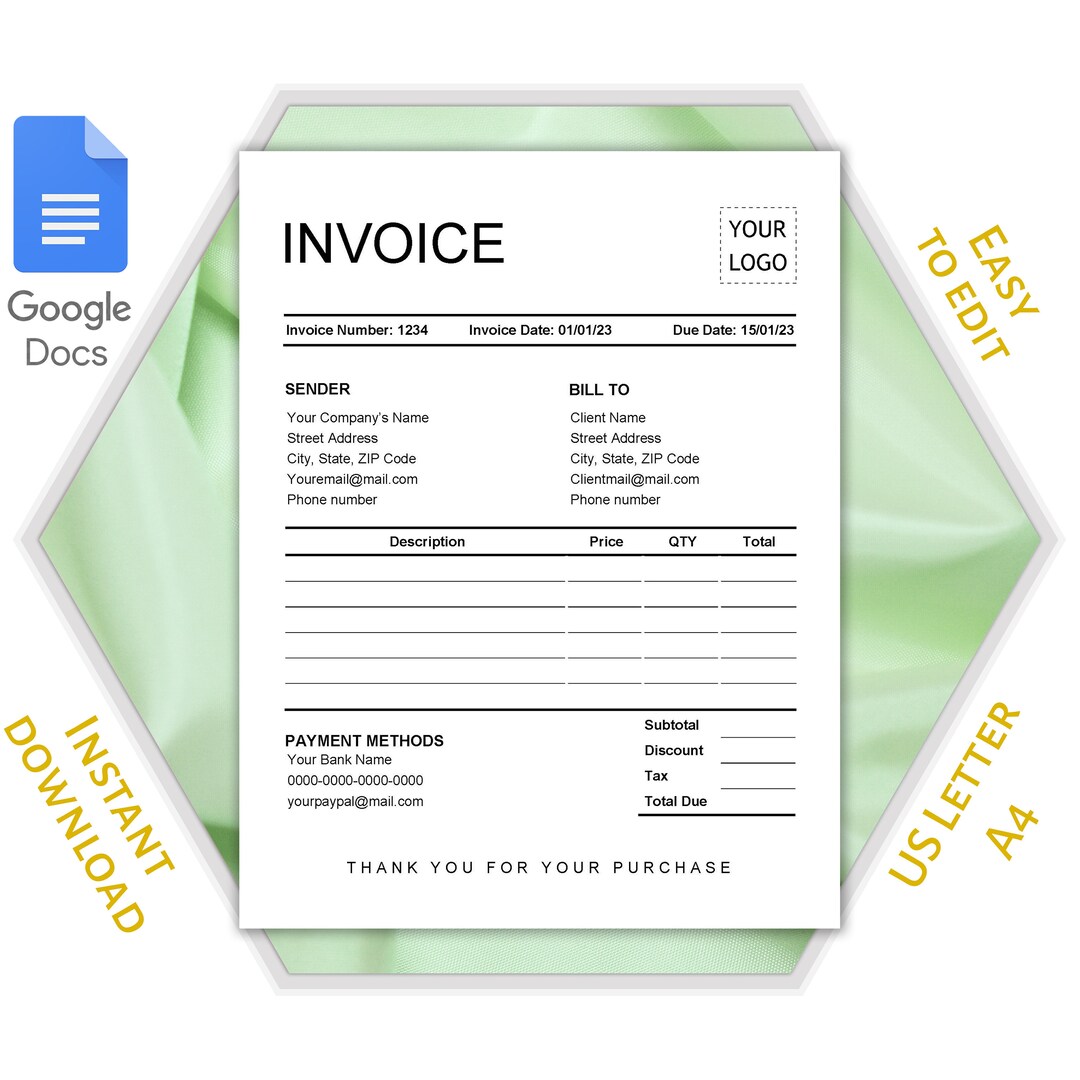 Invoice Template Google Docs; US Letter and A4 Size; Easy Editable ...