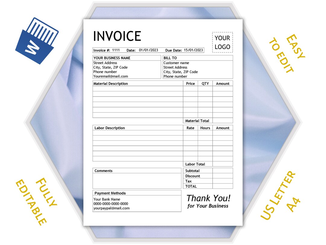 Professional Editable Word Invoice Template With Logo for - Etsy