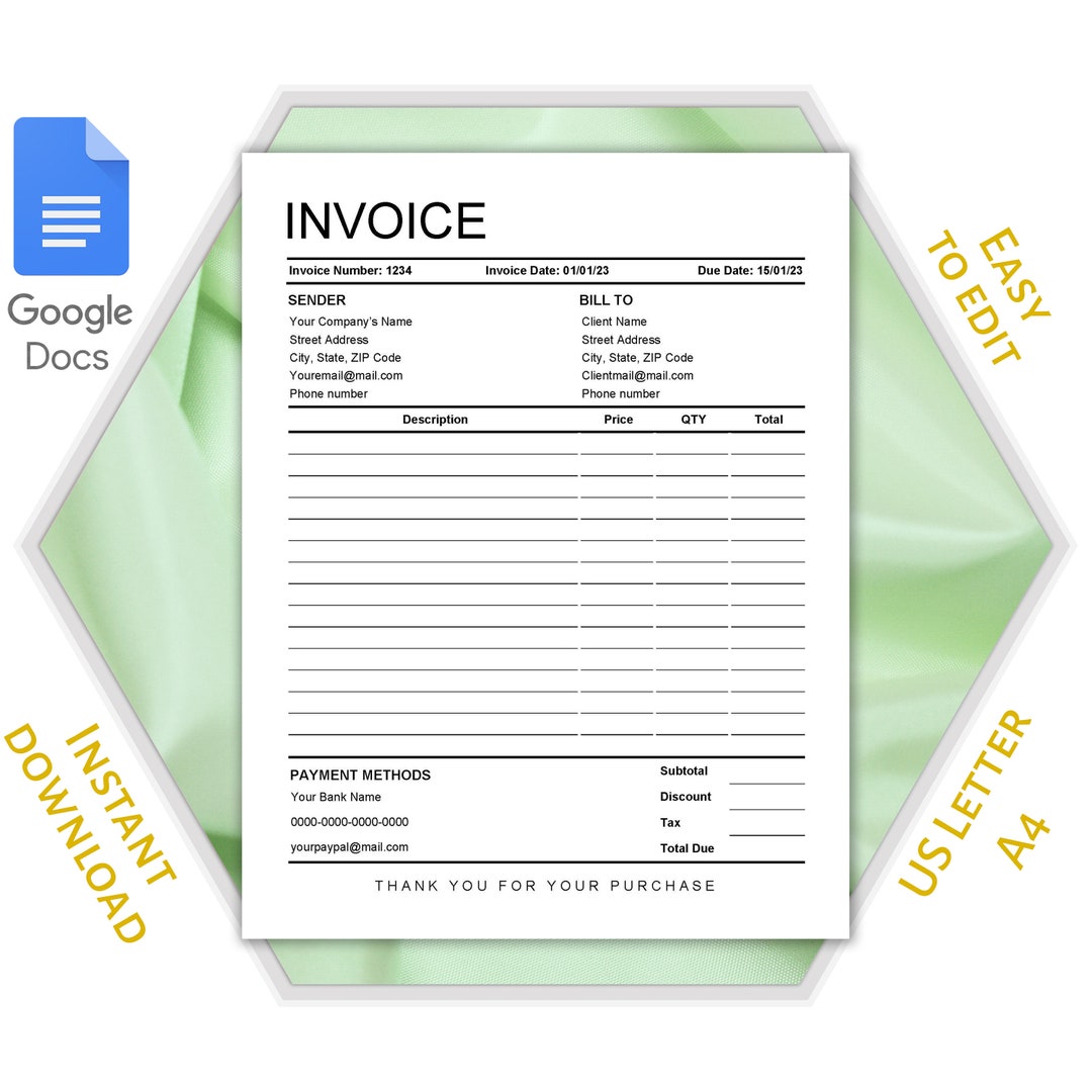 Google Docs Invoice Template for 15 Lines; Professional Bill Form for ...