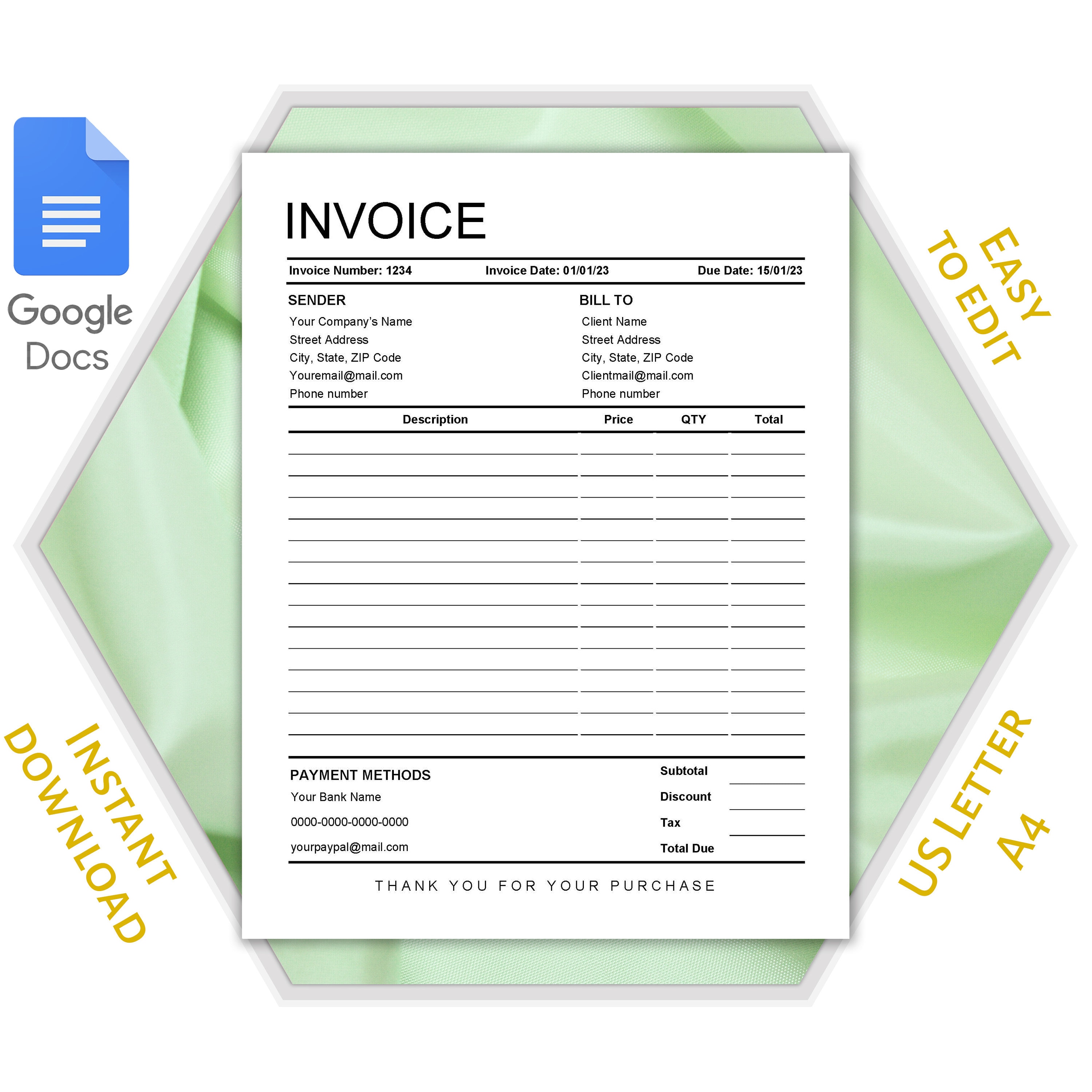 Google Docs Invoice Template for 15 Lines; Professional Bill Form for ...