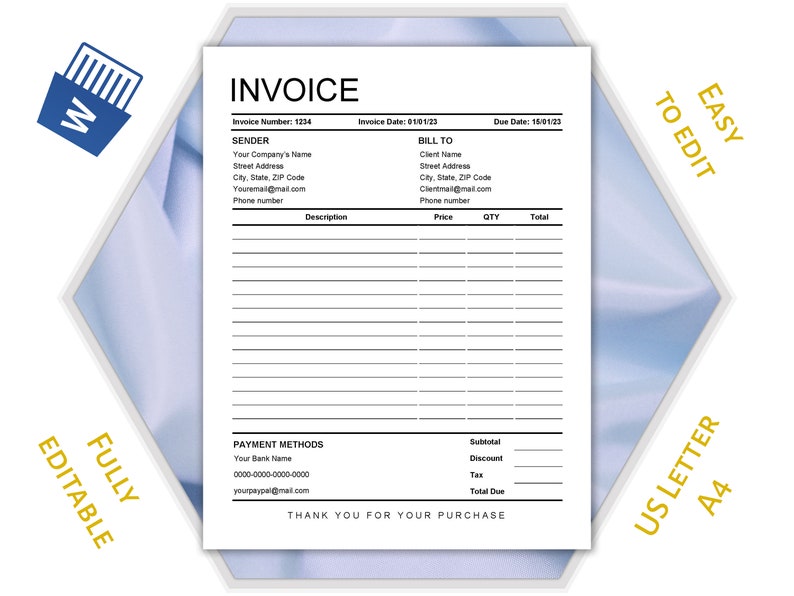 Invoice Template Word DOCX for 15 Lines Editable and - Etsy