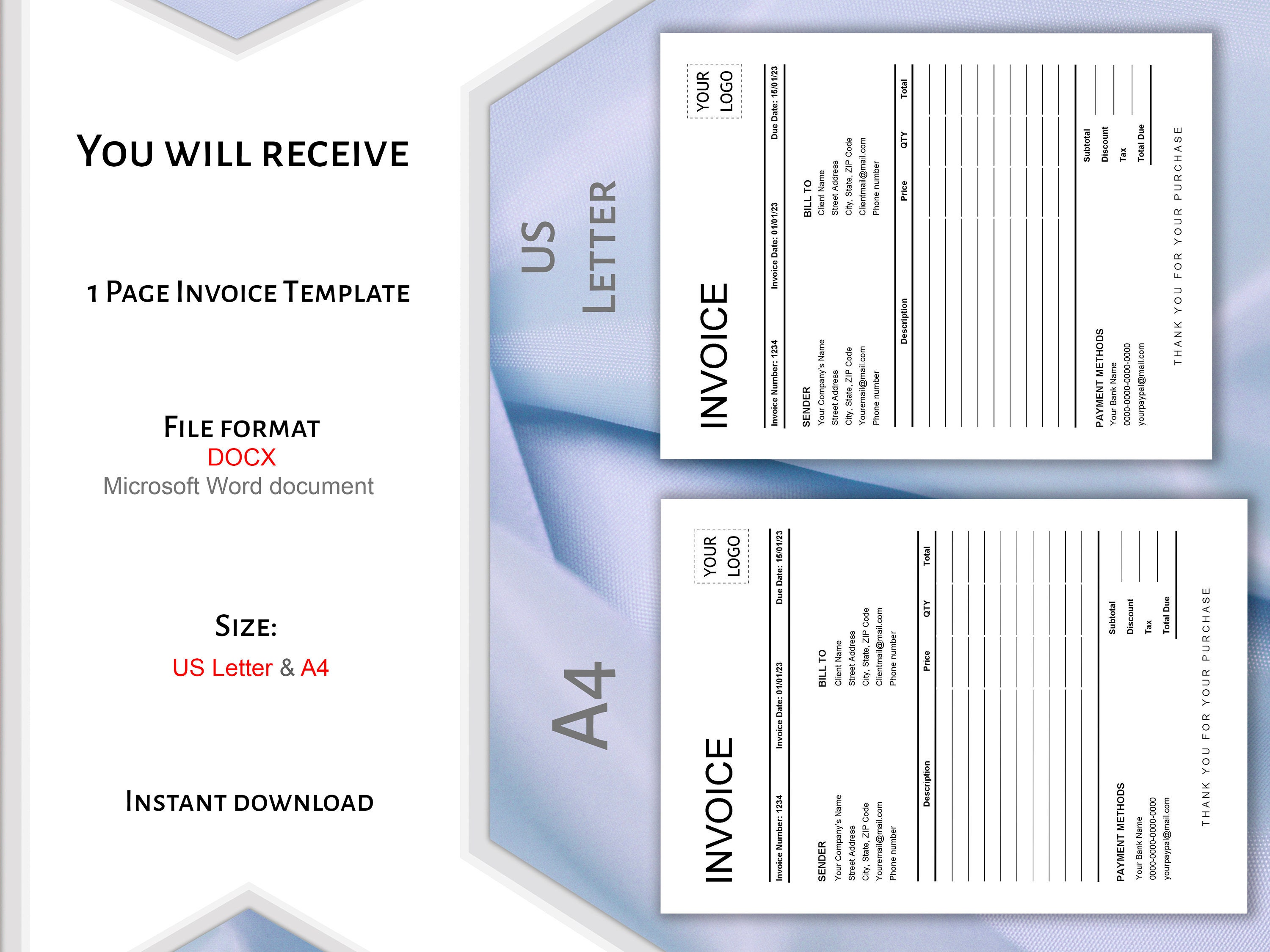 Fully Editable Microsoft Word Invoice Template; Printable Fillable ...