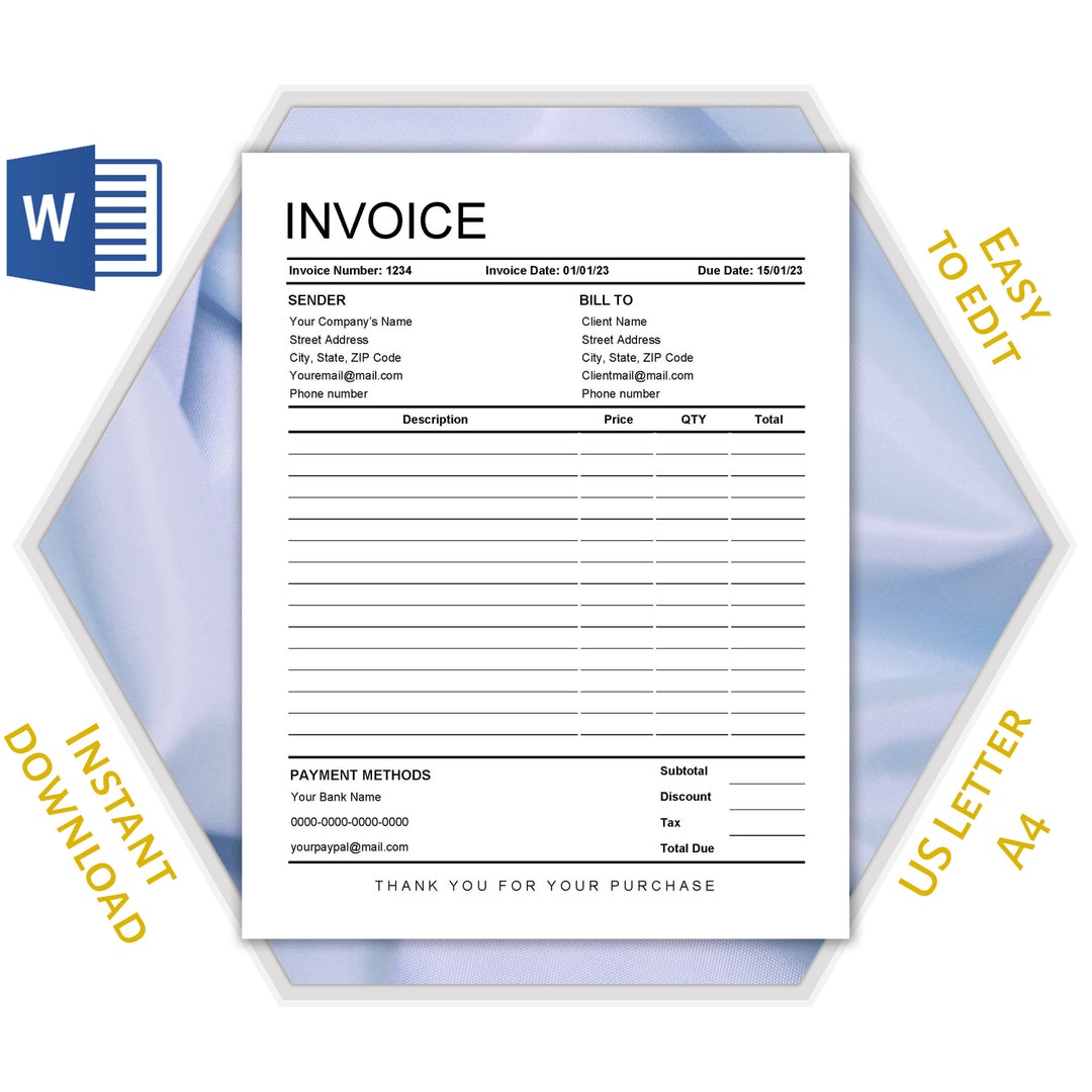 Invoice Template Word DOCX for 15 Lines; Editable and Printable ...