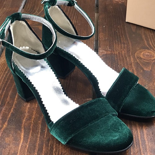 Dark Green Velvet Block Heels Green Wedding Shoes Velvet - Etsy