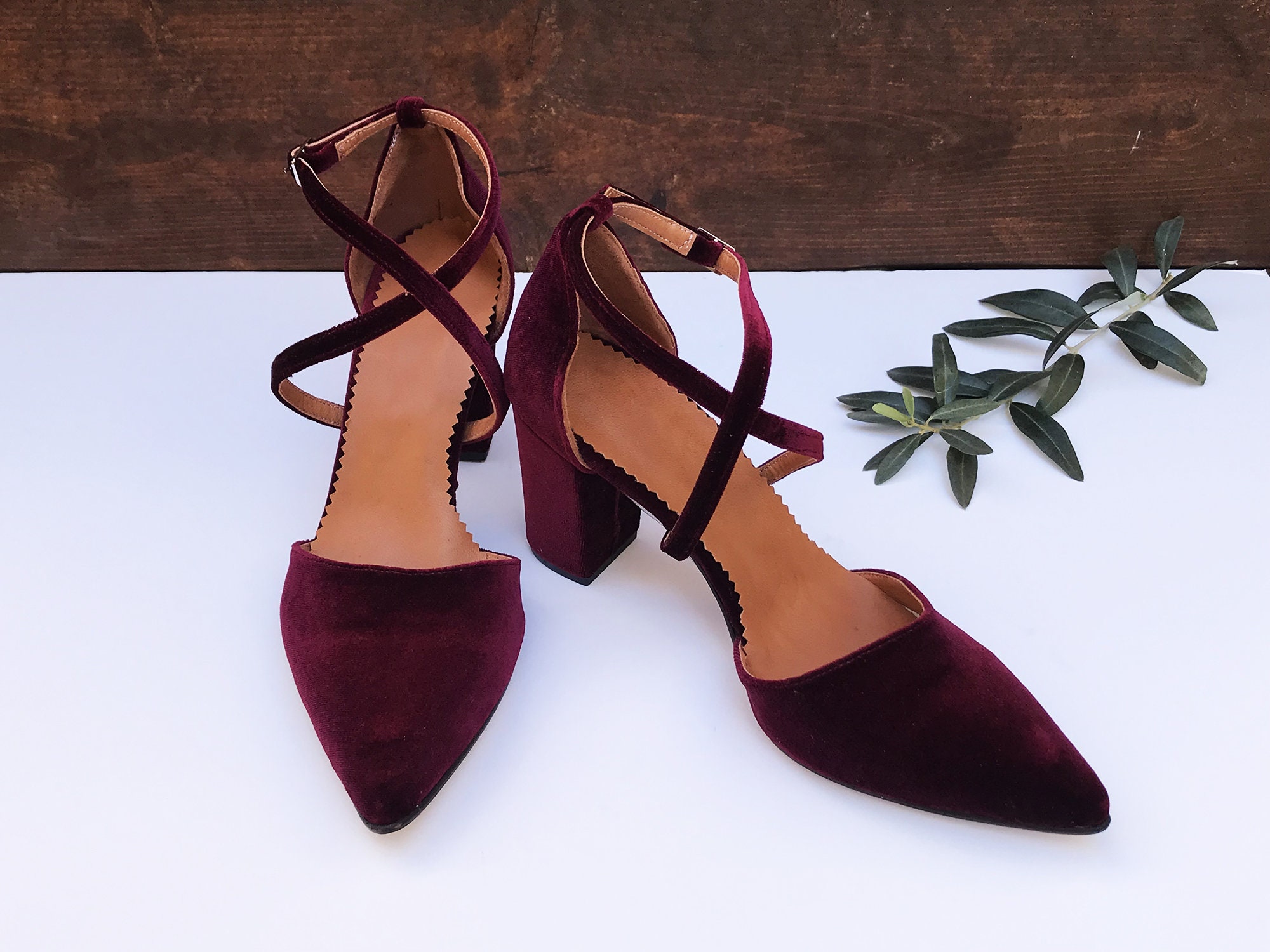 Burgundy Velvet Block Heels Pointy Toe Dark Red Heels Dark - Etsy