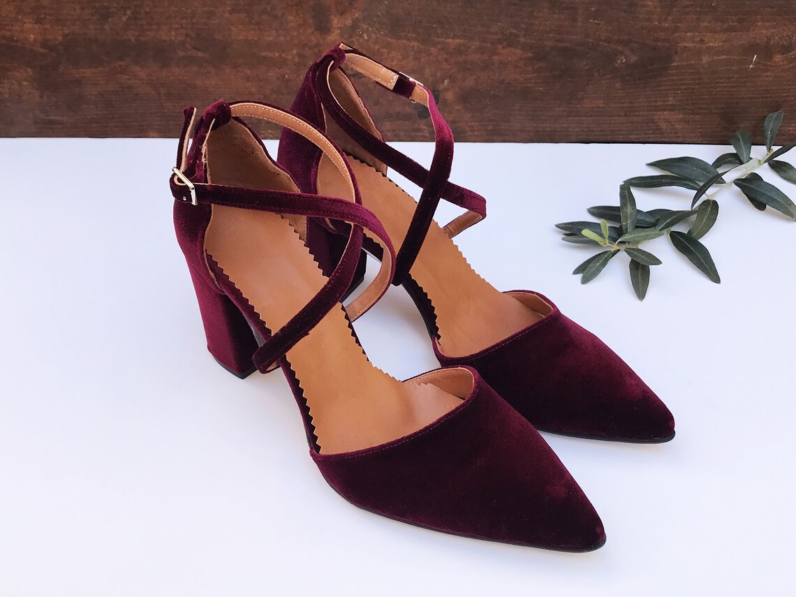 Burgundy Velvet Block Heels Pointy Toe Dark Red Heels Dark - Etsy