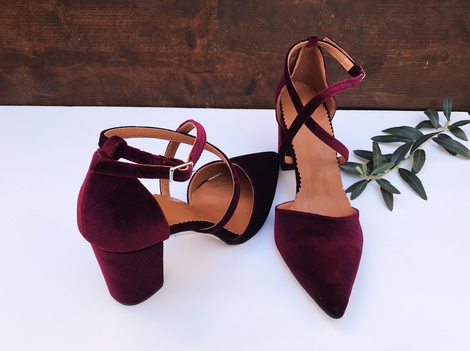 Burgundy Velvet Block Heels Pointy Toe Dark Red Heels Dark - Etsy