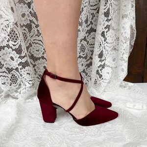 Burgundy Velvet Block Heels Pointy Toe Dark Red Heels High - Etsy