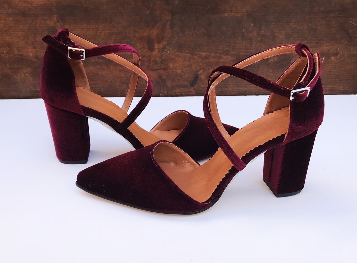 Burgundy Velvet Block Heels Pointy Toe Burgundy Heels | Etsy