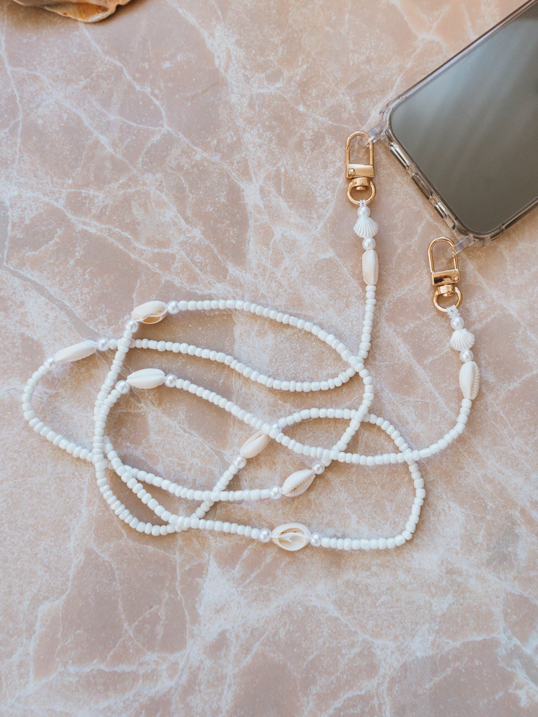 White Beaded Mobile Phone Chain Shoulder Strap. Universal for All Cases ...