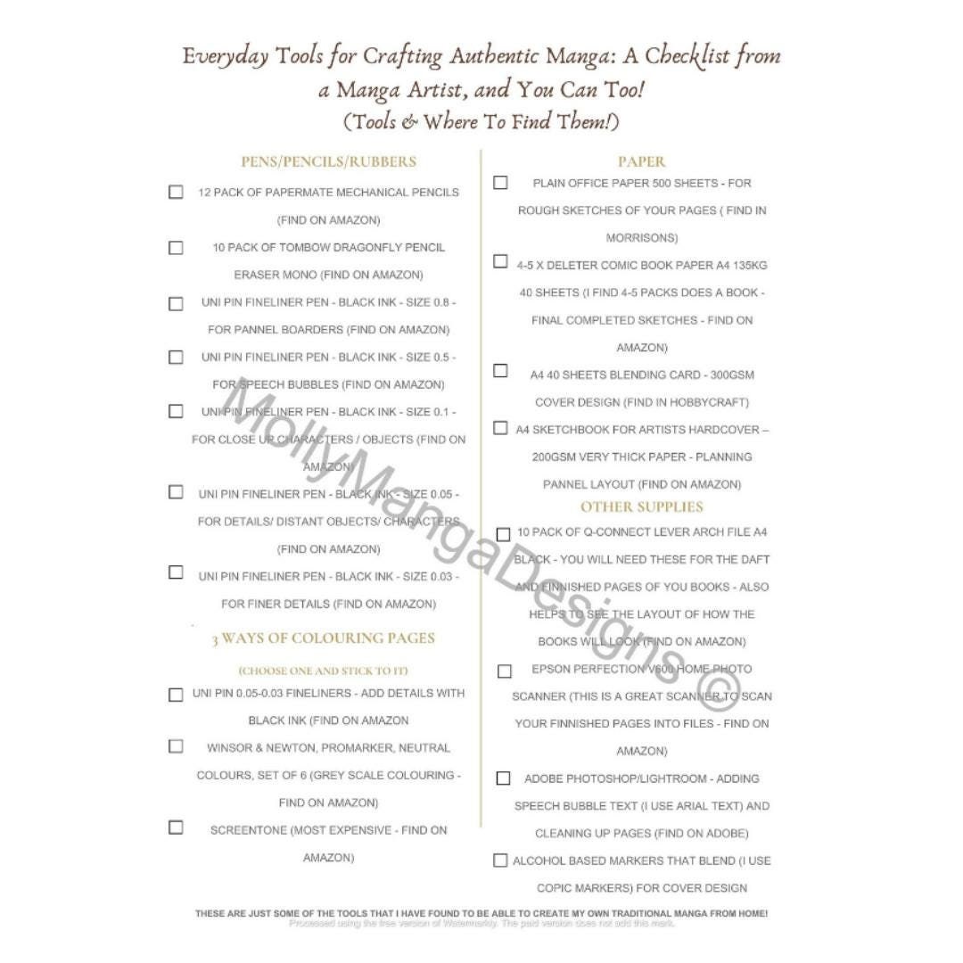 Create Your Own Manga Toolkit – Printable Checklist Template, Manga Art ...