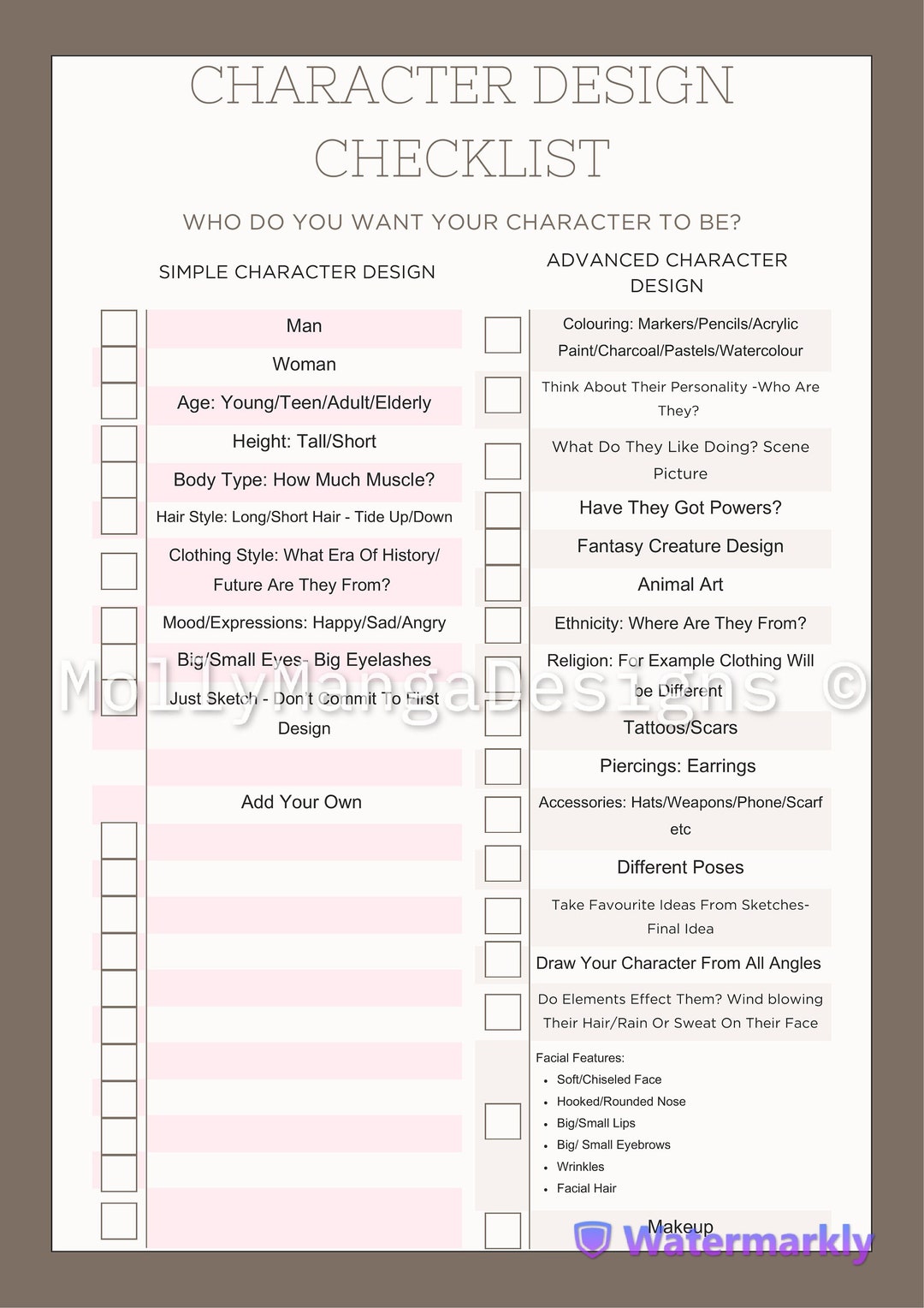 Character Design Checklist Printable Template Creative Fiction Instant ...