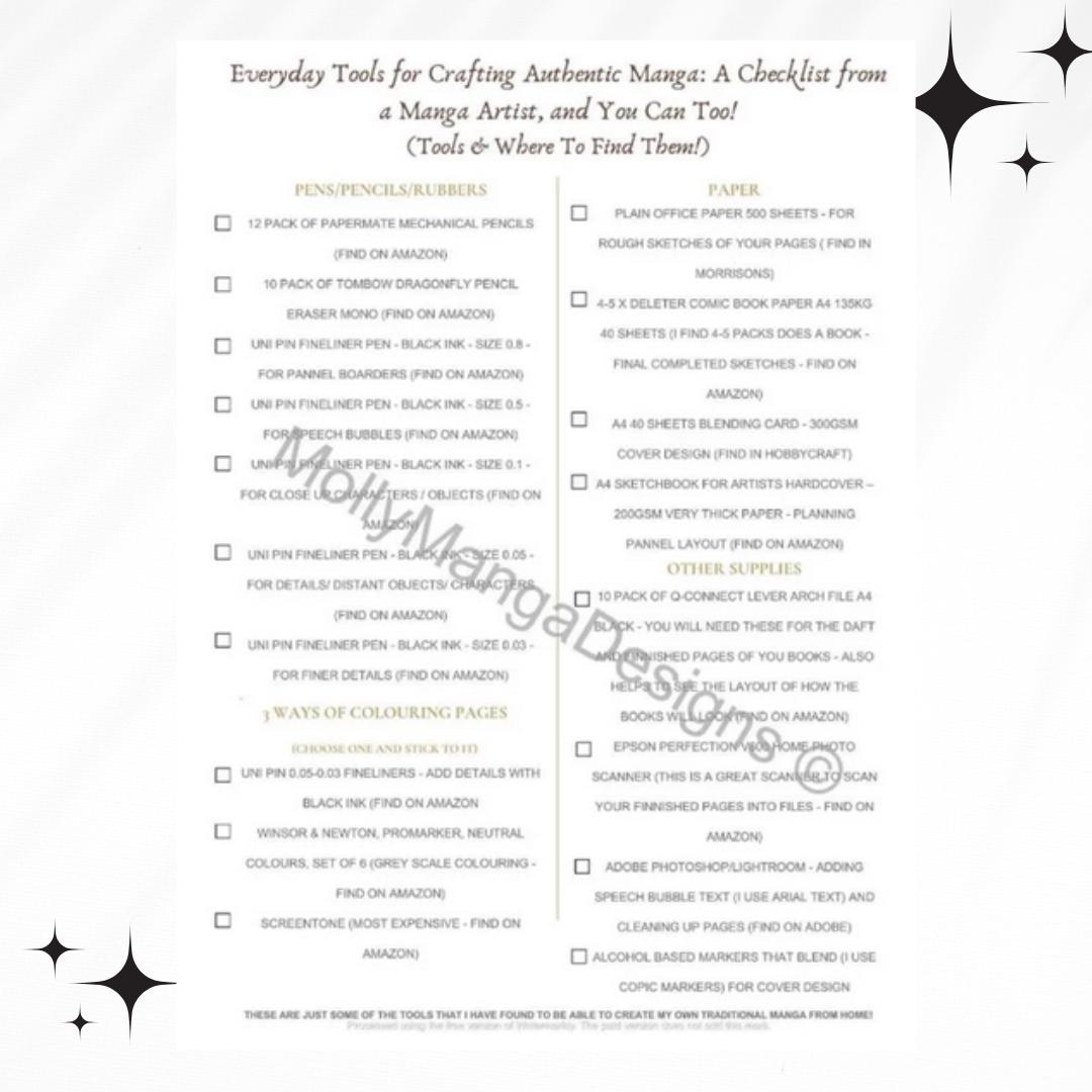 Manga Art Supplies Checklist, Printable Planner (PDF Download) - Etsy UK