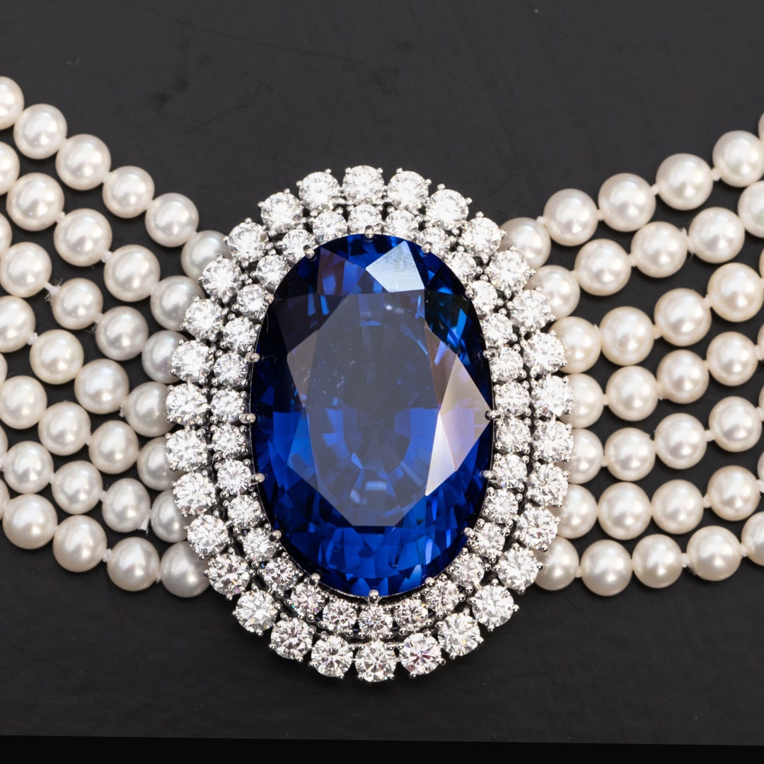 Princess Diana Sapphire Pearl Choker Statement Necklace For Women 65ct Sapphire 771ct