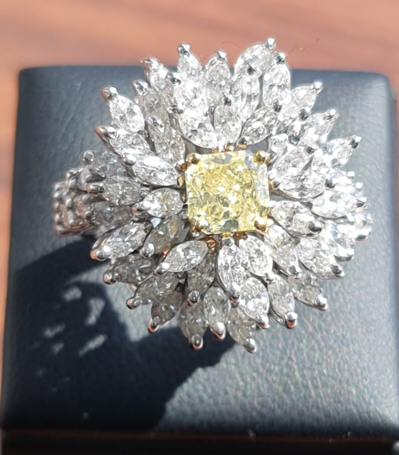 4.57 Carat Vintage Diamond Statement Ring for Women, 1.14 Fancy Yellow ...