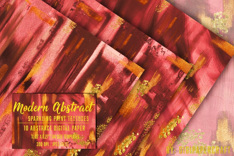Abstract Digital Paper, Modern Abstract, Burgundy & Gold Paint, Gold ...