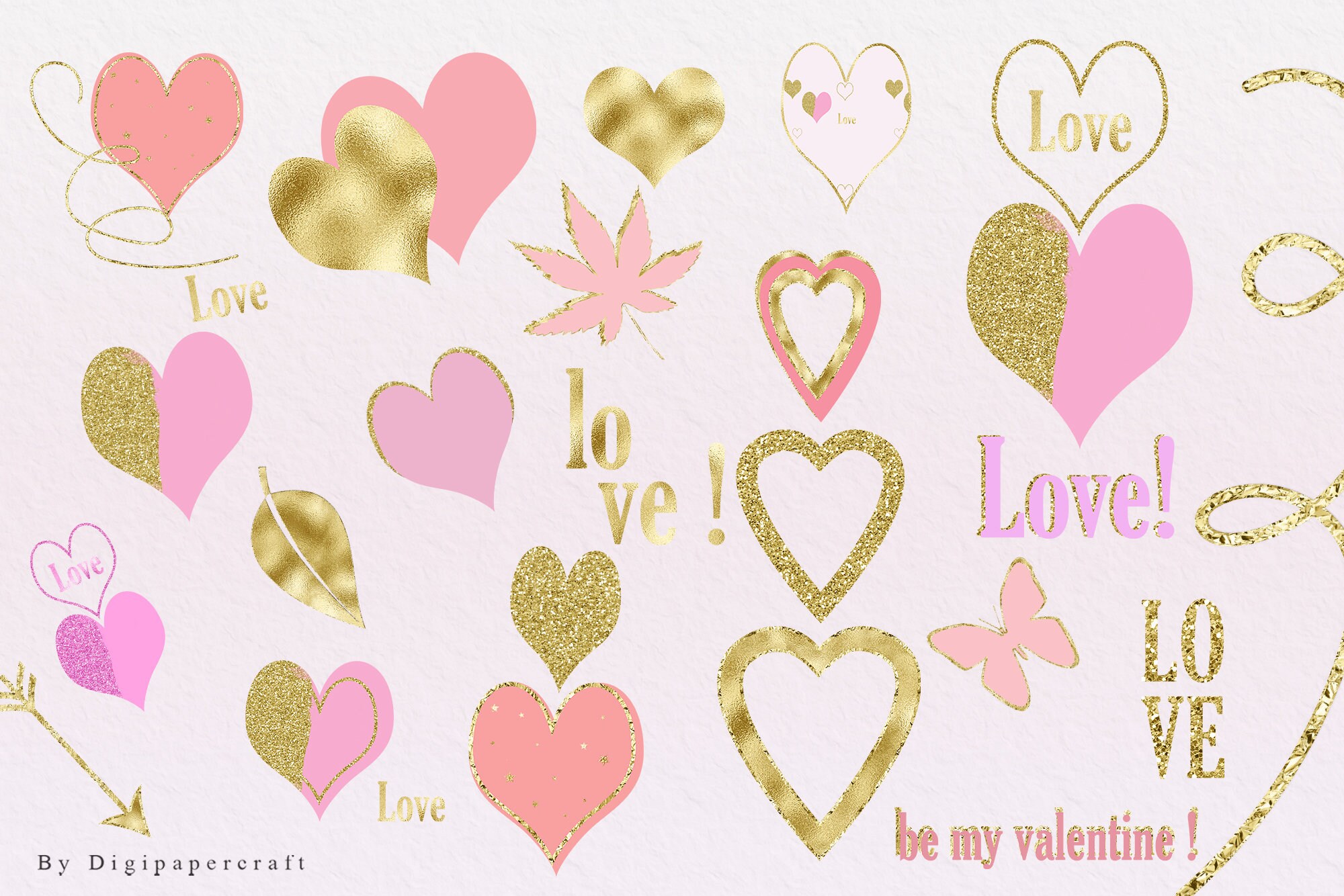 Valentine Digital Paper, Valentine Clipart, Pink Heart, Gold Clipart ...
