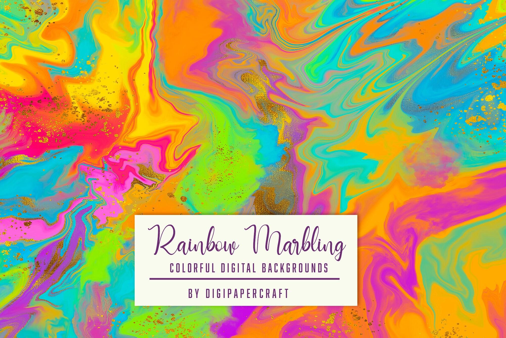 Rainbow Marbling Digital Paper, Colorful Marble, Acrylic Pour Art, Gold ...