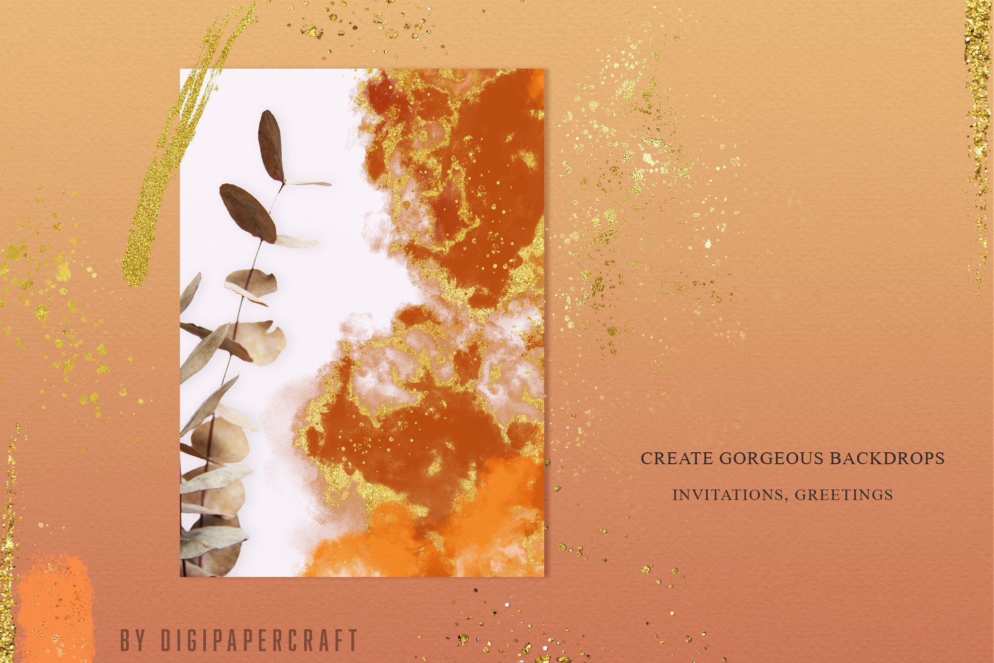 Orange Watercolor Clipart, Watercolor Brush Strokes, Orange and Gold ...