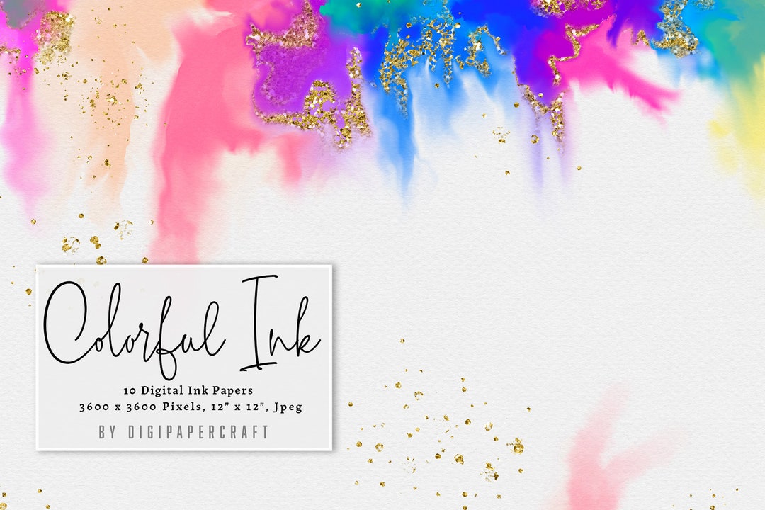 Ink Borders Digital Paper, Colorful Ink, Watercolor Ink, Gold Overlays ...