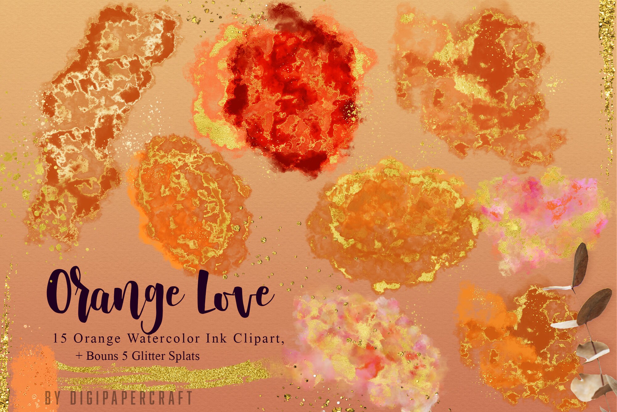 Orange Watercolor Clipart, Watercolor Brush Strokes, Orange and Gold ...