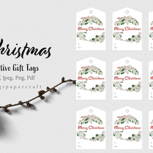 Printable Christmas Gift Tags, Christmas Wreath, Watercolor Wreath Tags ...