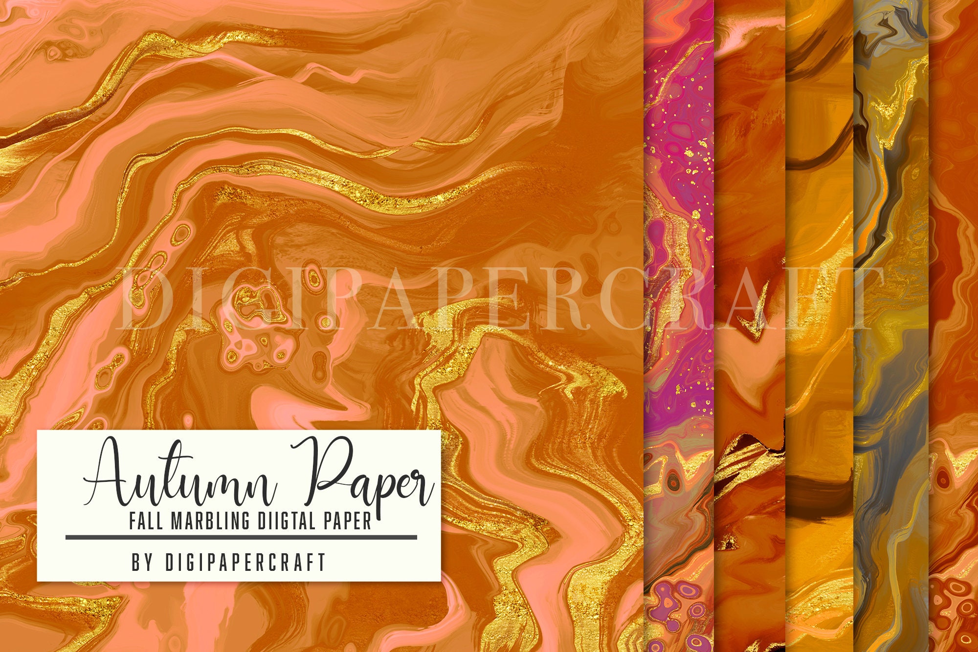 Autumn Digital Paper, Autumn Marbling Paper, Fall Marble Texture, Gold ...