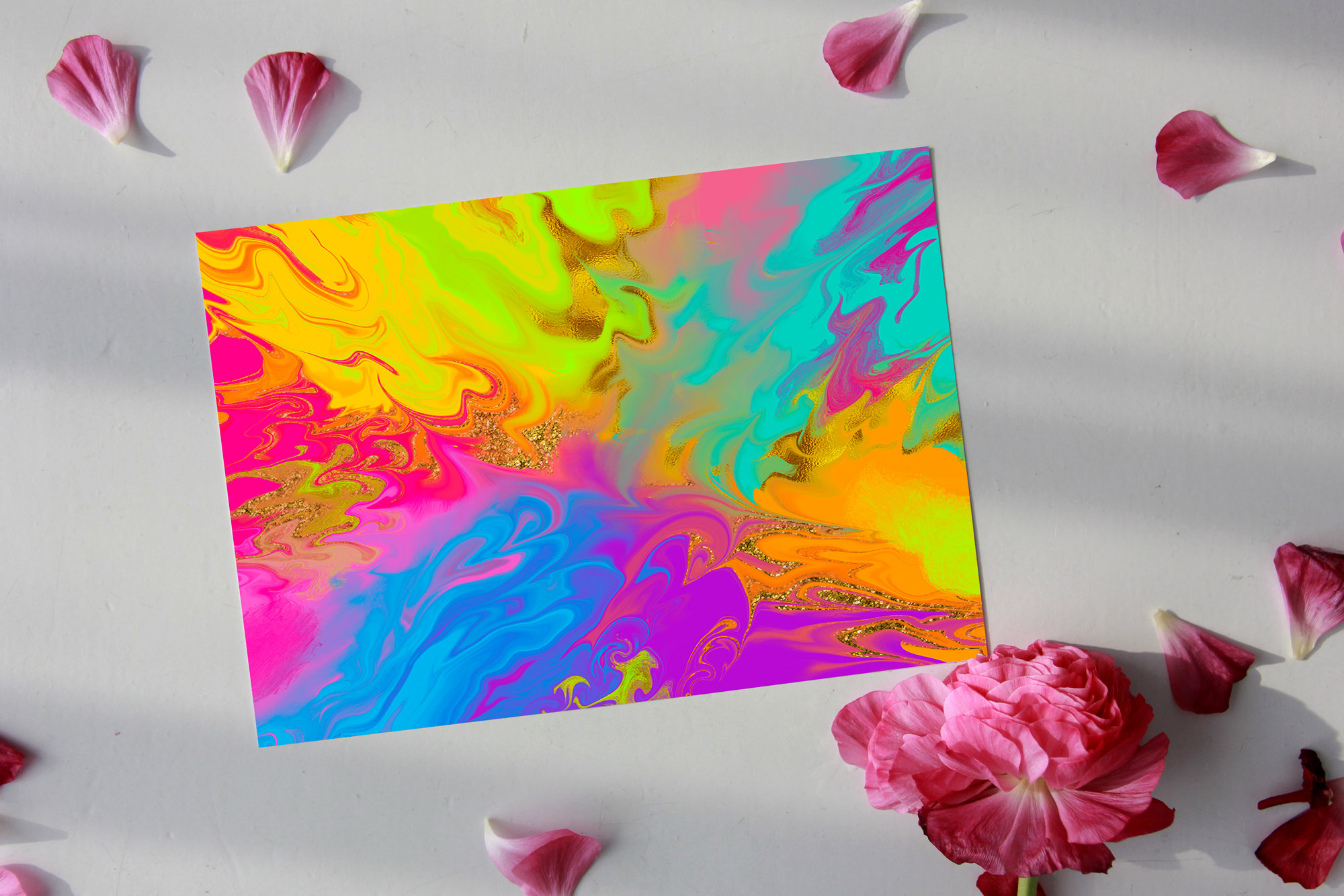 Rainbow Marbling Digital Paper, Colorful Marble, Acrylic Pour Art, Gold ...