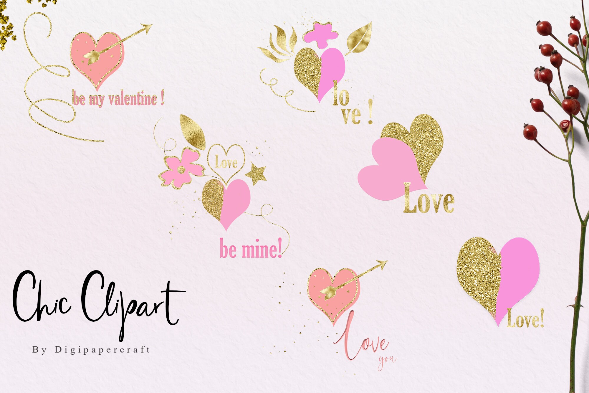 Valentine Digital Paper, Valentine Clipart, Pink Heart, Gold Clipart ...