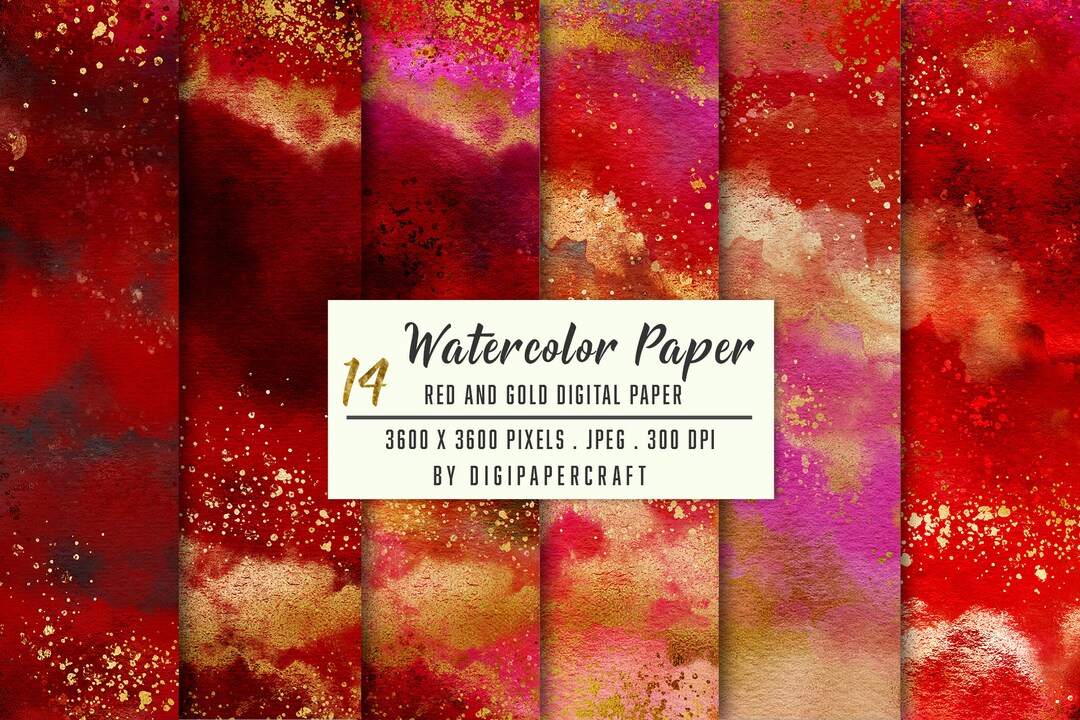 Watercolor Digital Paper, Red and Gold Watercolor Backgrounds, Burgundy ...