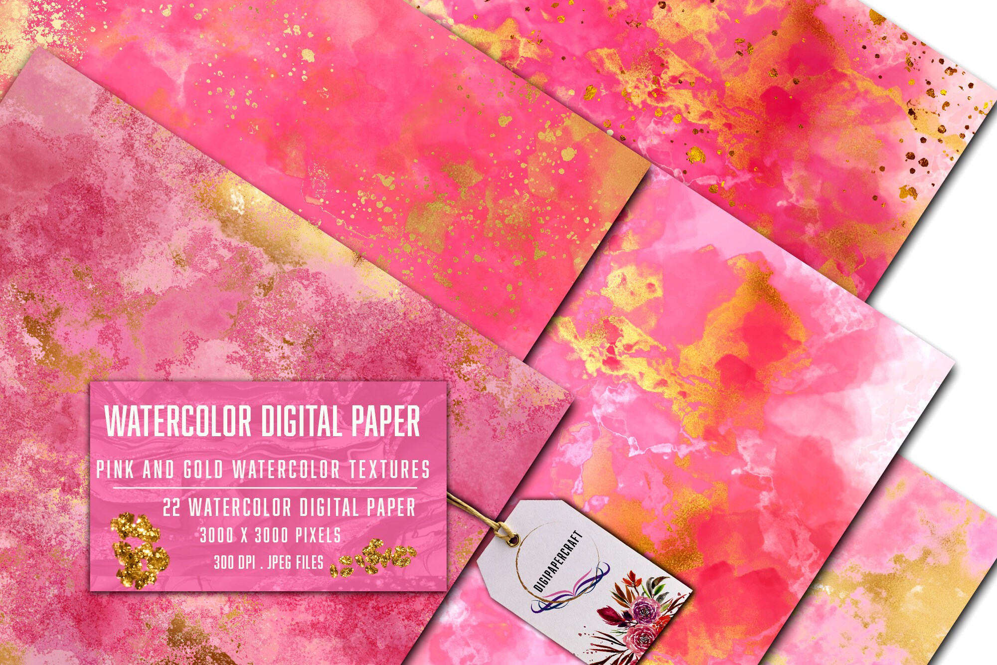 Pink and Gold Watercolor Digital Paper Watercolor - Etsy